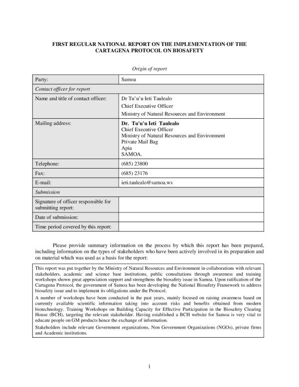 First regular National report on the implementation of the Cartagena ...