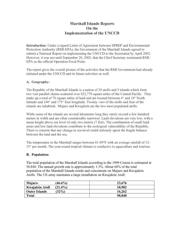 Marshall islands reports on the Implementation of the United Nations ...