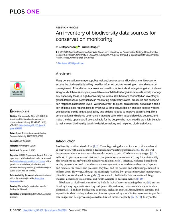 An inventory of biodiversity data sources for conservation monitoring An inventory of biodiversity data sources for conservation monitoring
