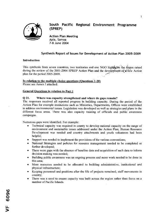 SPREP Action Plan Meeting, Apia, Samoa 7-8 June, 2004 : synthesis ...