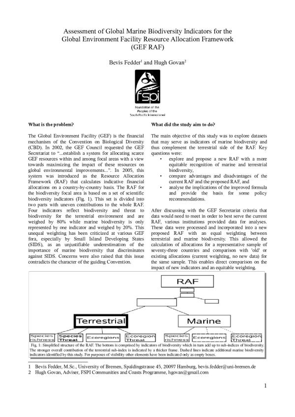 Assessment of global marine biodiversity indicators for the Global ...