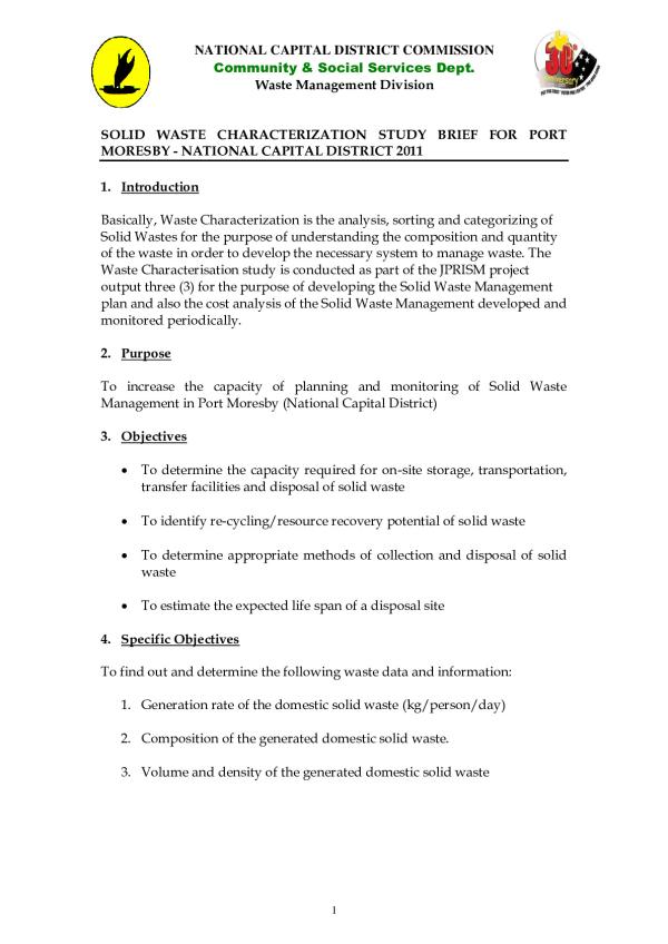 Solid waste characterization study brief for Port Moresby - National ... Solid waste characterization study brief for Port Moresby - National ...
