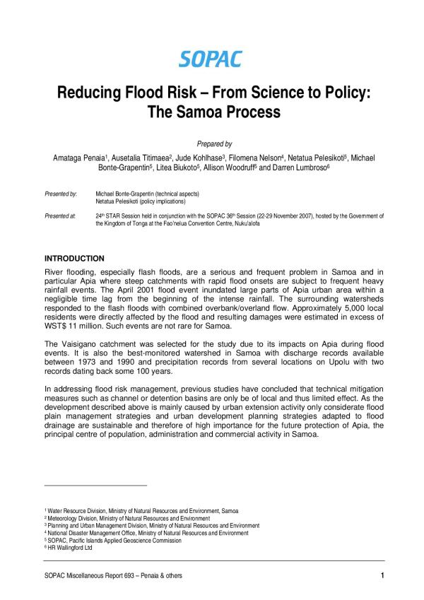Reducing Flood Risk - From Science to Policy: The Samoa Process Reducing Flood Risk - From Science to Policy: The Samoa Process